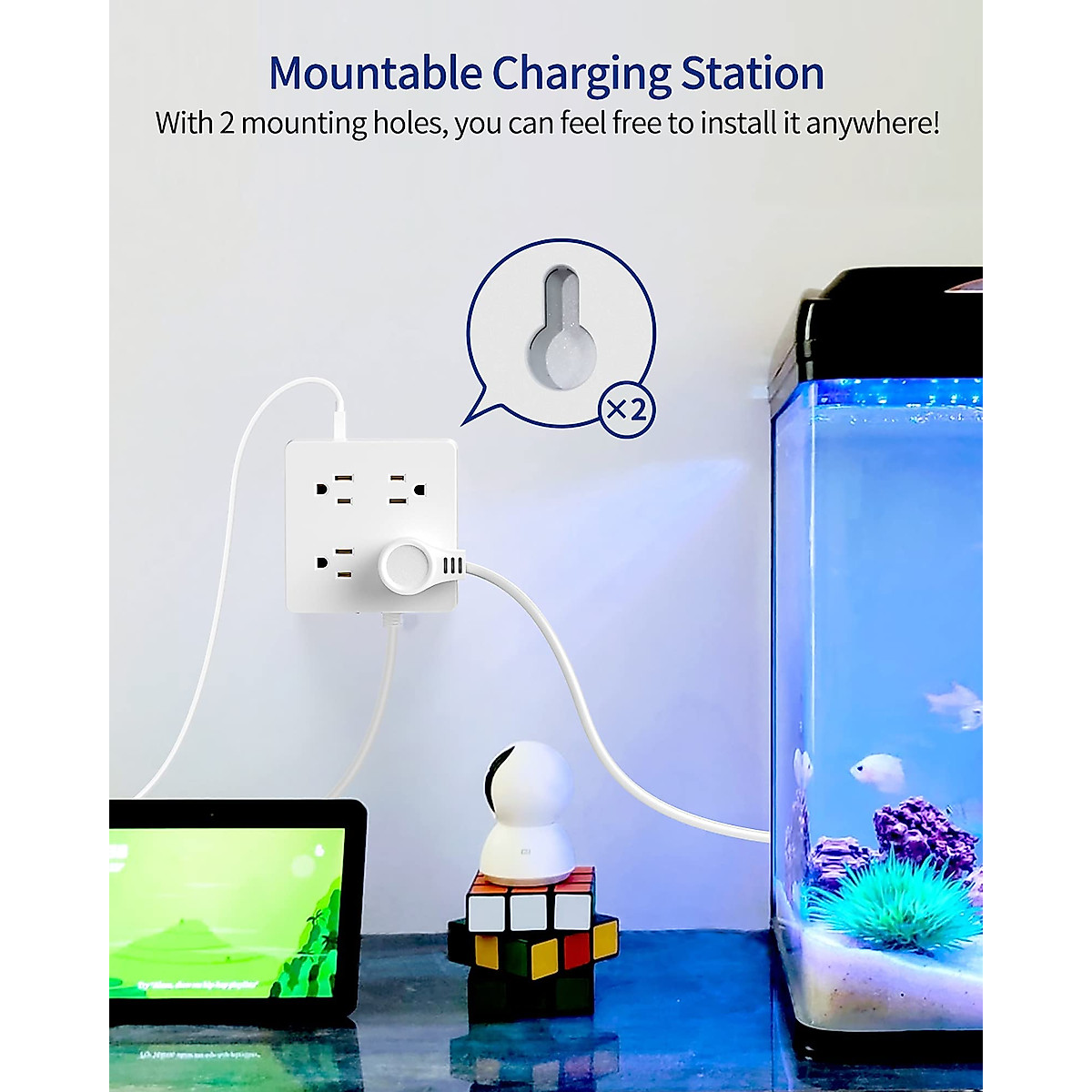 Power Strip, SUPERDANNY Surge Protector, Desktop Charging Station, 4 Outlets, 4 USB Ports, 900 Joules, 5 Ft Extension Cord, Grounded, 3-Prong, Wall Mount, for Home, Office, Hotel, Dorm