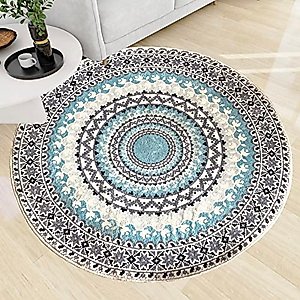 Luxury Faux Fur Boho Round Area Rug,Silky Imitation Sheepskin Stain Resistant Free Modern Contemporary Transitional Ultra Soft Living Dining Room Bedroom Carpet 4'x4' Round Blue / Multi