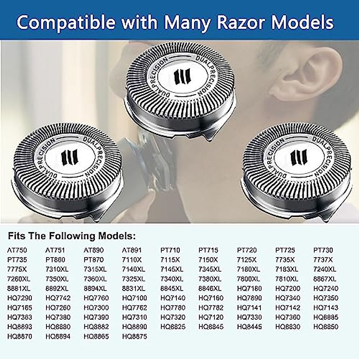 HQ8 Replacement Heads Compatible with Philips Electric Shavers, HQ8 Replacement Razor Blades Fit for Norelco Aquatec HQ8 Series Shaving Head, OEM HQ8 Heads Upgraded for PT730 AT880 AT811, 6-Pack