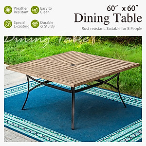 Sophia & William 60" Large Outdoor Patio Table for 8, Outdoor Square Metal Dining Table with 1.9" Adjustable Umbrella Hole, All Weather Wrought Iron Furniture Table for Garden Deck, Brown