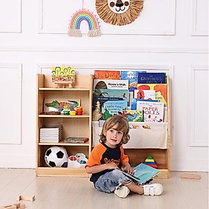 KRAND 4-Layer Kids Wooden Bookshelf, 4-Tier Layer Sling Bookcase, Baby Storage Book Rack,Toy Organizer Cabinet, Books Display for Playroom Livingroom Toddler Room Nursery and Classroom (Natural)