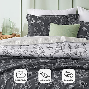Bedsure King Comforter Set - Dark Grey Comforter, Cute Floral Bedding Comforter Sets, 3 Pieces, 1 Soft Reversible Botanical Flowers Comforter and 2 Pillow Shams