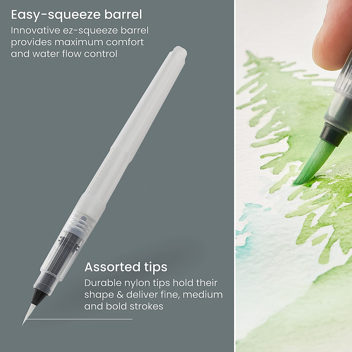 ARTEZA Water Brush Pen, Set of 6, Fine, Medium, Broad Tips, Self-Moistening Water Brush, Refillable Water Pen