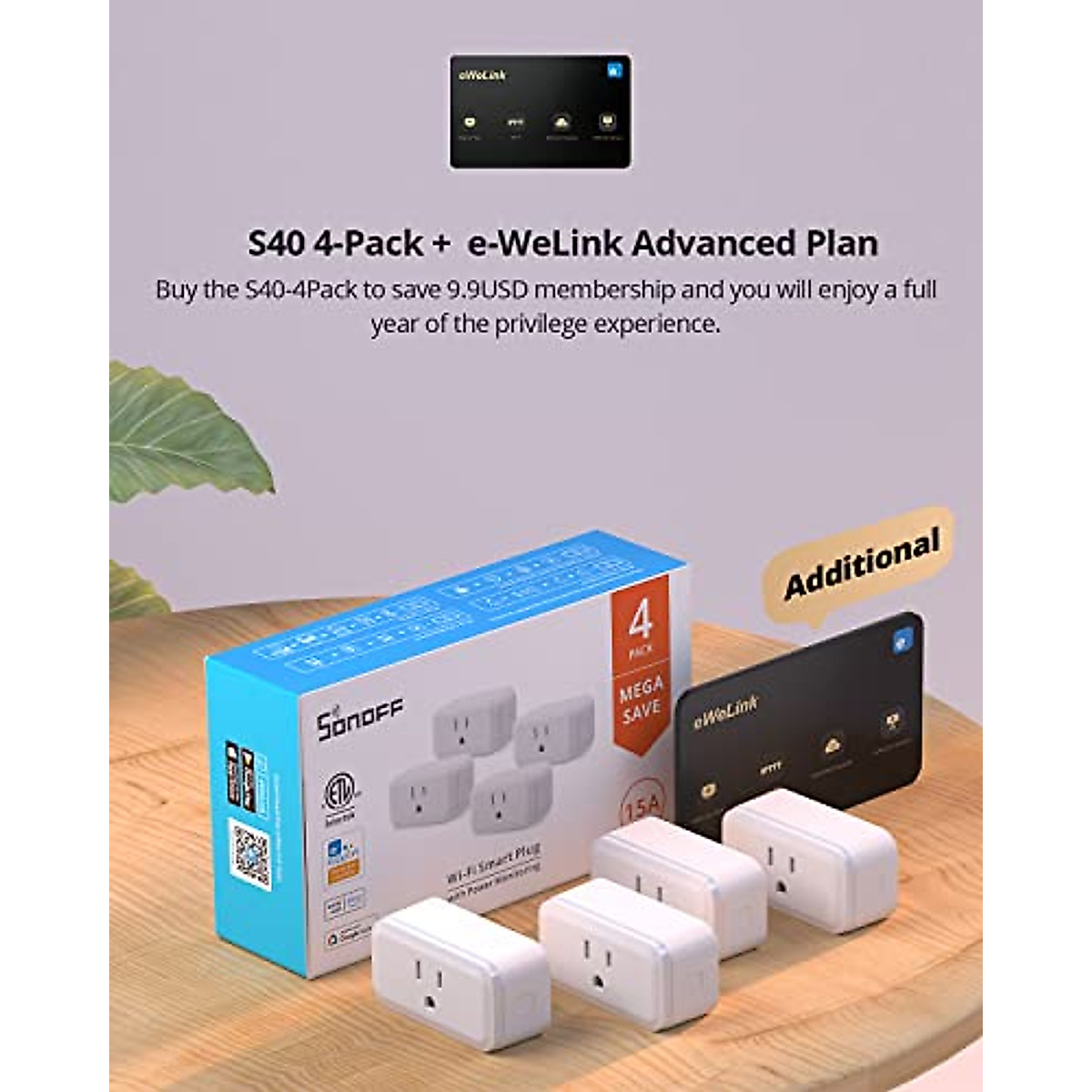 SONOFF S40 WiFi Smart Plug with Energy Monitoring, 15A Smart Outlet Socket ETL Certified, Work with Alexa & Google Home Assistant, IFTTT Supporting, 2.4 Ghz WiFi Only (4-Pack)