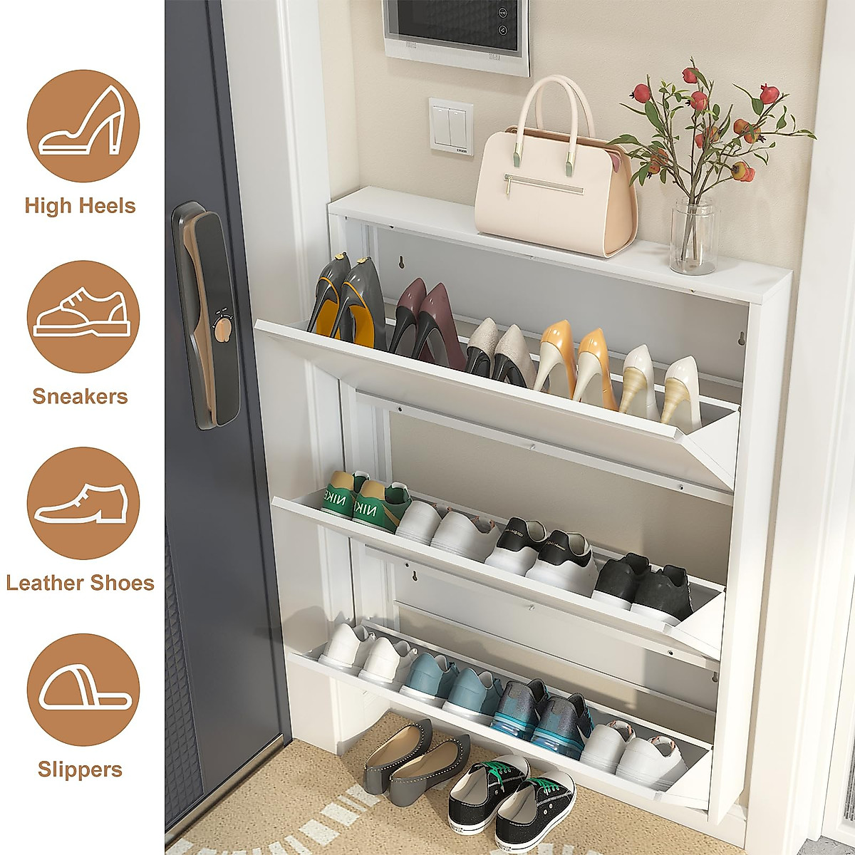 LUCYPAL 3 Flip Drawers Shoe Storage Cabinet, Shoe Cabinet for Entryway,Freestanding Shoe Organizer for Hallway, Bedroom, Apartment, White