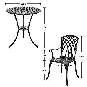 Nuu Garden 3 Piece Patio Bistro Table Set, Cast Aluminum Outdoor Patio Bistro Set Weather Resistant Chairs and Table with Umbrella Hole for Yard, Balcony, Black with Golden Powder