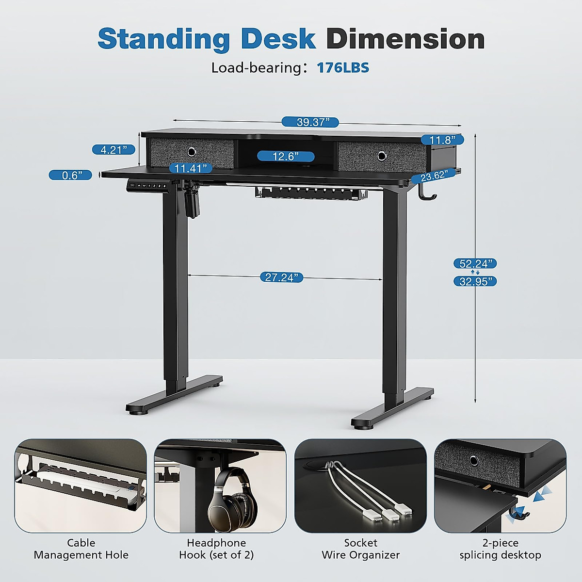 DUMOS Electric Sti to Standing Desk with Drawer,40 x 24 in Ergonomic Computer Table with Splicing Board, Wire Hole and Hook for Workstation for Home, Black & Shelf