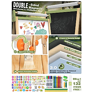 Joyooss Art Easel for Kids, Double-Sided Magnetic Easel for Children with Whiteboard & Chalkboard, Deluxe Standing Easel for Toddler with Paper Roll & Painting Accessories Painting Station for Kids