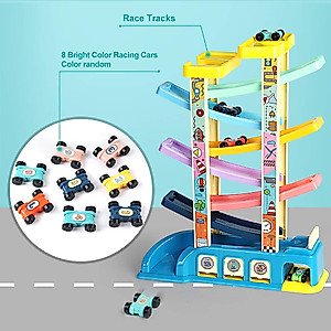 Gliding Car Toy Toddler Toys Car Ramp Toy Race Track Car Gifts Zig Zag Car Slide with 6 Ramps 8 Mini Cars- Racing Car Toys for Kids Boys Girls 3 4 5 6