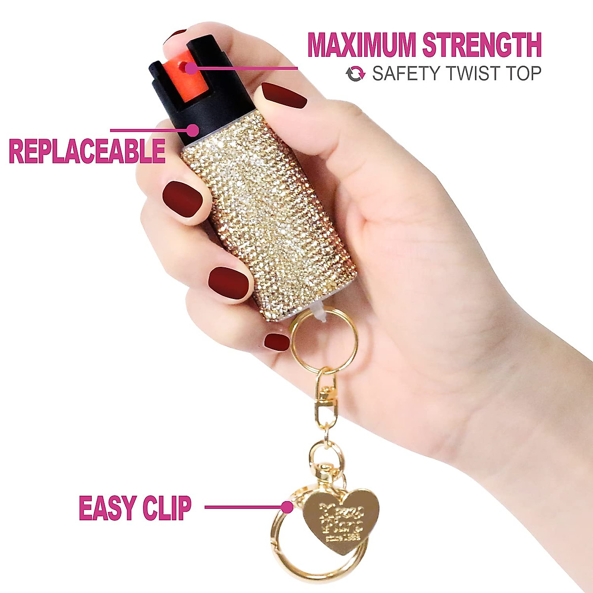 Hope Bobbie Bling-it-On Pepper Spray Keychain-Maximum Strength OC Spray for Self Defense-Fashionable Key Holder-7ft (2M) Range, Glitter Rhinestone Cute Pepper Spray for Women (Gold)