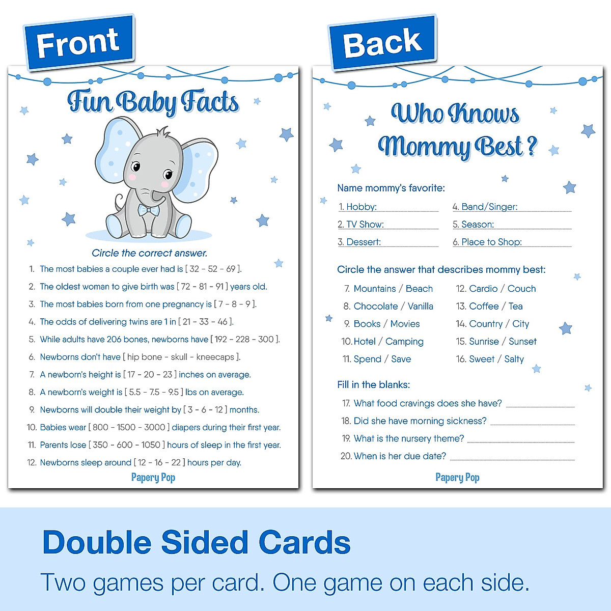 Papery Pop Baby Shower Games for Boy - Set of 4 Games for 30 Guests - Double Sided Cards - Baby Shower Supplies - Elephant
