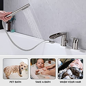 TapLong Waterfall Roman Tub Faucet with Hand Shower, Widespread Deck Mount Bathtub Faucet with Sprayer, Single-Handle 3-Holes Bathtub Shower Faucet Set in Brushed Nickel, 03119BN