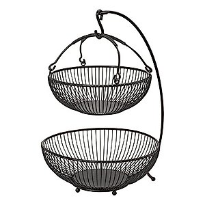 Gourmet Basics by Mikasa Spindle Adjustable 2-Tier Basket with Banana Hook, Black with Gold Antiquing