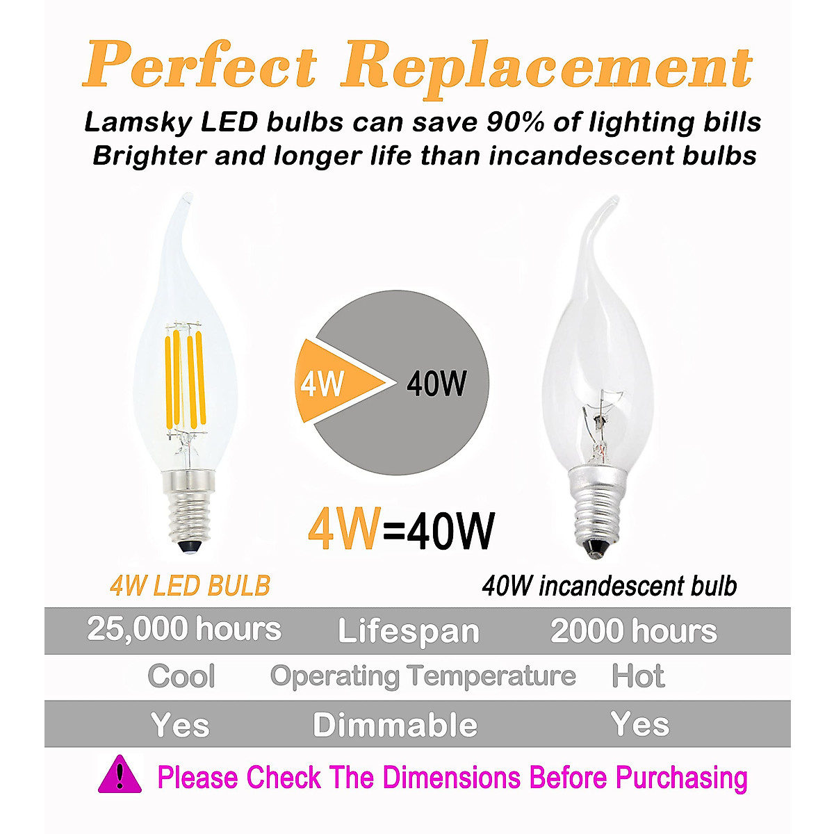 Lamsky E14 LED Bulb European Base 4W LED Chandelier Light Bulbs Dimmable 40W Equivalent,Flame Tip Candelabra LED Bulbs,110V 2700K Warm White,6 Pack