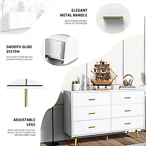 JOZZBY White Dresser, 6 Drawer Dresser for Bedroom with Wide Drawers and Metal Handles, Modern Wood Storage Chest of Drawers for Living Room Hallway Entryway