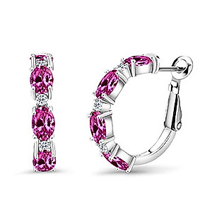 Gem Stone King 925 Sterling Silver Pink Created Sapphire and White Topaz Hoop Earrings For Women (4.24 Cttw, Oval 6X4MM)