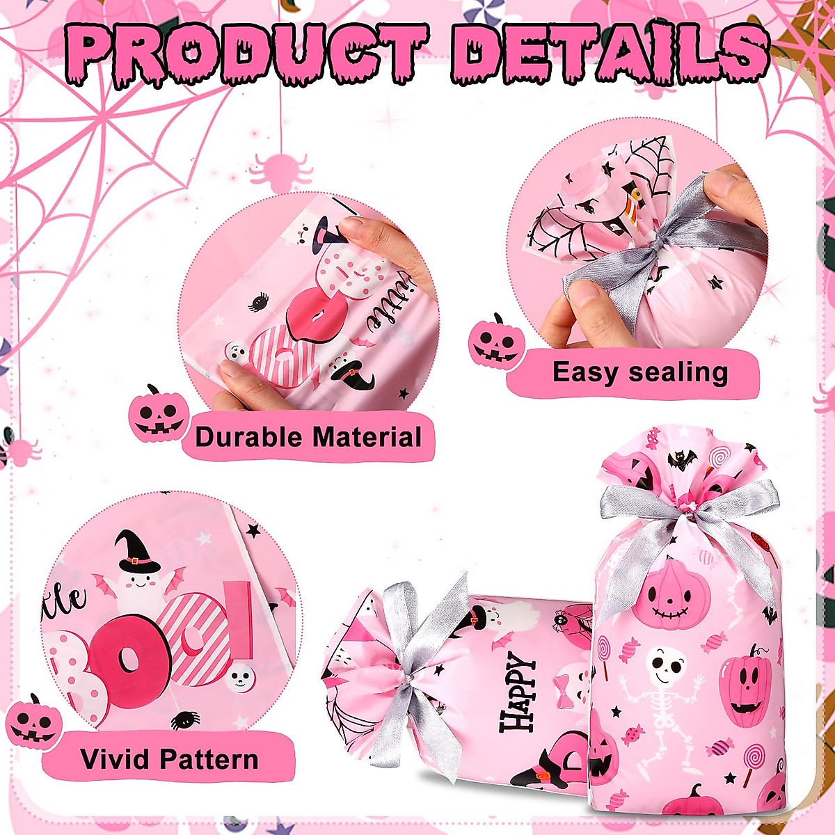 Yeaqee 50 Pcs Pink Halloween Baby Shower Bags Little Boo Plastic Halloween Bags Pink Halloween Drawstring Bag Bulk Little Boo Candy Treat Bags Bulk for Pink Halloween Birthday Party Favors Supplies