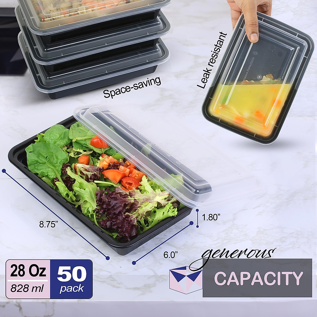 Meal Prep Containers 50 Pack - Food Storage Container with Lids, Resturaunt Take-Out Container, Durable & Airtight, Microwave & Freezer Safe for Freshness, Convenience & Organization (28oz -50 Pack)