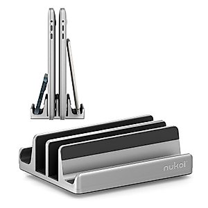 Nukoi Vertical Laptop Stand - SPACEMax Adjustable GRIPLock Anti-Tip Silicone 4 Slots Aluminum Desktop Holder - Double Dock Stand - 2 Phone Slots Fits Up to 17.3” Laptops, Tablets, Phones - Silver