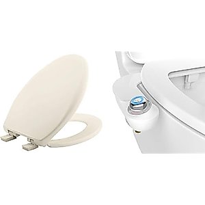 Mayfair Affinity Toilet Seat and Bidet Bundle, Slow Close Wood Toilet Seat with Non-Electric, Easy to Install SlimGlow Bidet Attachment, Elongated, Biscuit