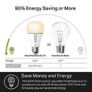 Kasa Smart Light Bulb KL110, LED Wi-Fi smart bulb works with Alexa and Google Home, A19 Dimmable, 2.4Ghz, No Hub Required, 800LM Soft White (2700K), 9W (60W Equivalent)