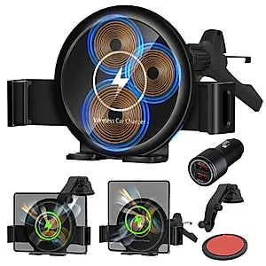 TOPENKE 20W Three Coils Wireless Car Charger with Cooling Fan, for Z Fold 5 Car Mount, Fast Charging Auto-Clamping for Air Vent & Dashboard, Compatible for Galaxy Z Fold 5/S23 Ultra, iPhone 14 Pro Max