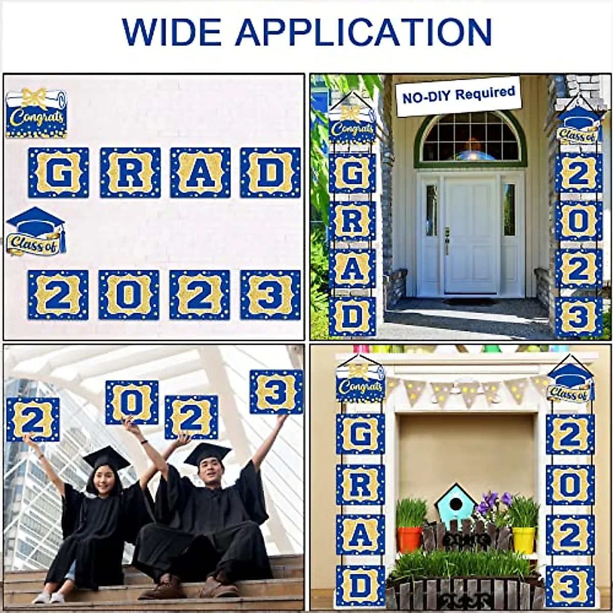 2023 Graduation Banner Blue Graduation Party Decoration Porch Sign Grad Party Supplies, Class of 2023 Congrats Grad for College, High School (Blue and Gold)