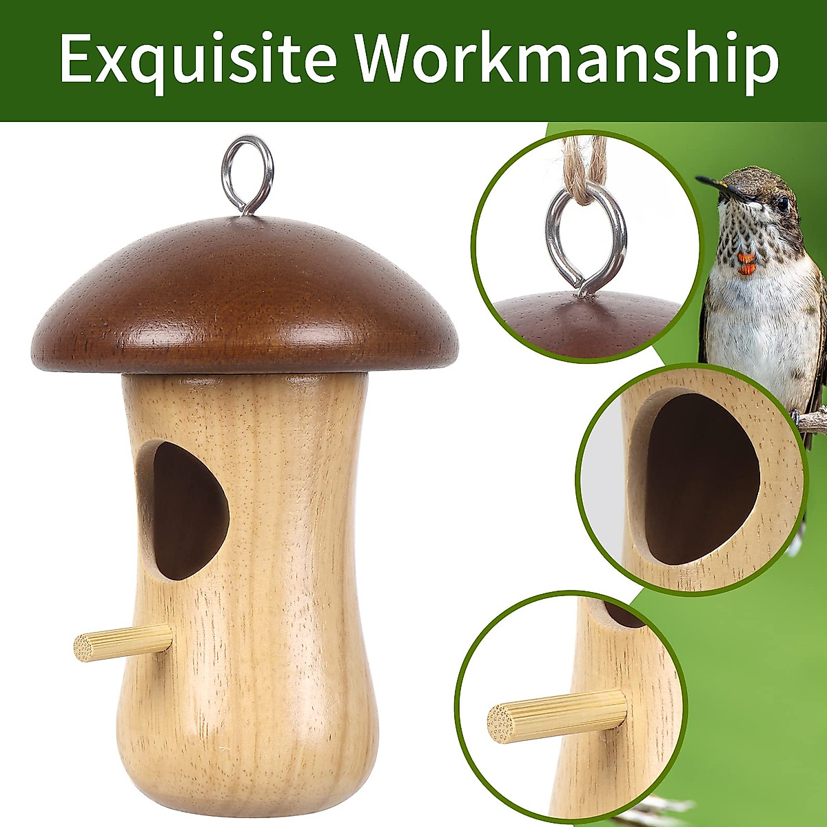Hummingbird House,2023 New Mushroom Wooden Hummingbird Houses for Outside for Nesting, Gardening Gifts,Home Garden Decoration,3 Pack