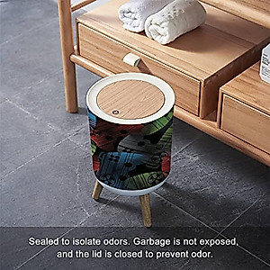 Trash Can with Lid Seamless Bright with joysticks Gaming Cool Print for Boys and Girls Press Cover Small Garbage Bin Round with Wooden Legs Waste Basket for Bathroom Kitchen Bedroom 7L/1.8 Gallon