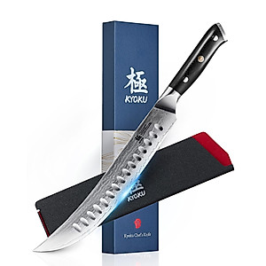 KYOKU 10" Scimitar Knife, Gin Series Cimitar Breaking Knife with Silver PVD Coating Damascus Blade, Japanese VG10 Stainless Steel Butcher Knife, Full Tang Brisket Kitchen Knife with Sheath & Case