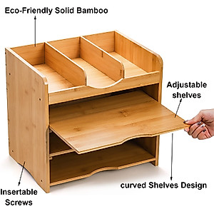 DEAYOU Bamboo Desk File Organizer, 13" Document Letter Tray Sorter with 2 Adjustable Shelves, 4 Tier Mail Organizer Countertop, Paper Storage Holder Box Cubby for Magazine, Office, Home, School