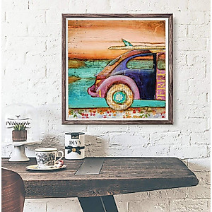 The Perfect Day - Danny Phillips Art Print, Unframed, Purple and Orange Classic Antique Car Artwork, Surfboard Coastal Ocean Nautical Mixed Media Collage Painting, All Sizes