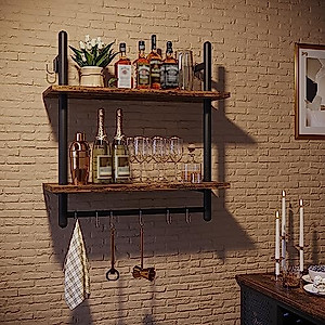 Bestier Floating Shelves Kitchen Shelves Wall Mounted 24" Wood Floating Shelf Bathroom 2 Tier Ladder Shelves with Tower Bar, Wall Decor for Bedroom, Living Room, Coffee bar & Balcony, Rustic Brown