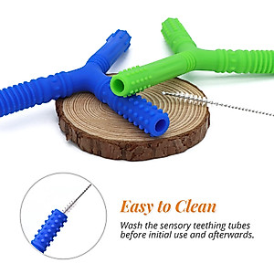 2 Pack Sensory Chew Hollow Teething Tubes, Y Style Teether Toys for Babies 3+ Months, Silicone Teether Tubes for Autistic Chewers, ADHD, Baby Nursing or Special Needs (Blue, Green)