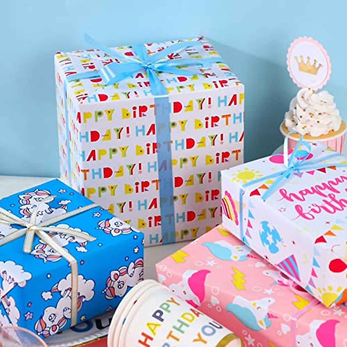 WRAPAHOLIC Birthday Wrapping Paper Roll - Unicorn Rainbow Pony Pink Blue with Cut Lines - 4 Rolls - 30 inch X 120 inch Per Roll