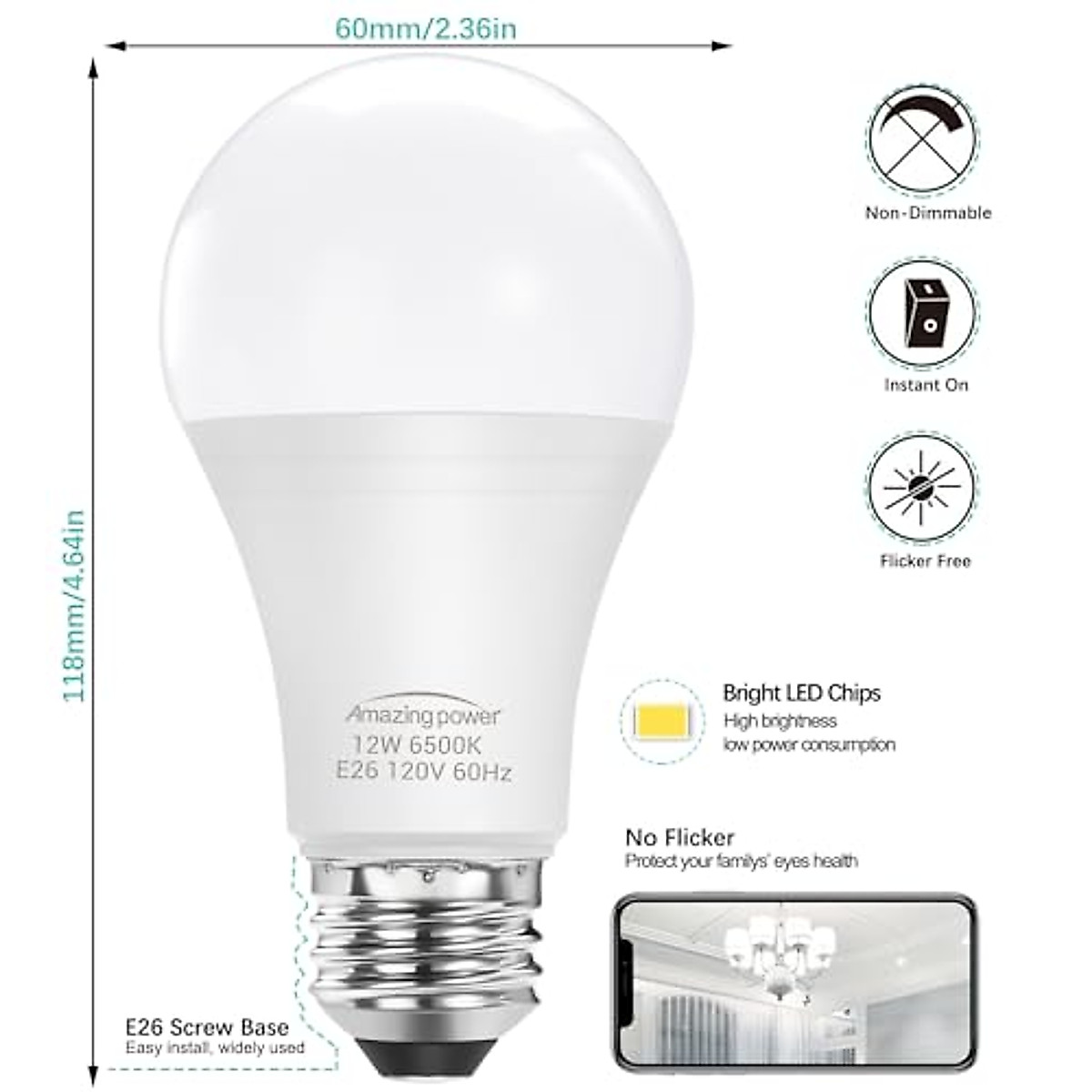 Amazing power 100W Equivalent E26 LED Bulbs, Daylight White Non-Dimmable Medium Screw Base Light Bulbs 6500K, 4-Pack