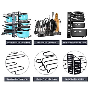 Stacking Pan Organizer - Cabinet Pot Organizer - Pot and Pan Organizer - Pot Rack Organizer - 8 Tier Pot Rack -Cookware Rack Organizer - Kitchen Pot Organizer - Expandable Cookware Rack Organizer