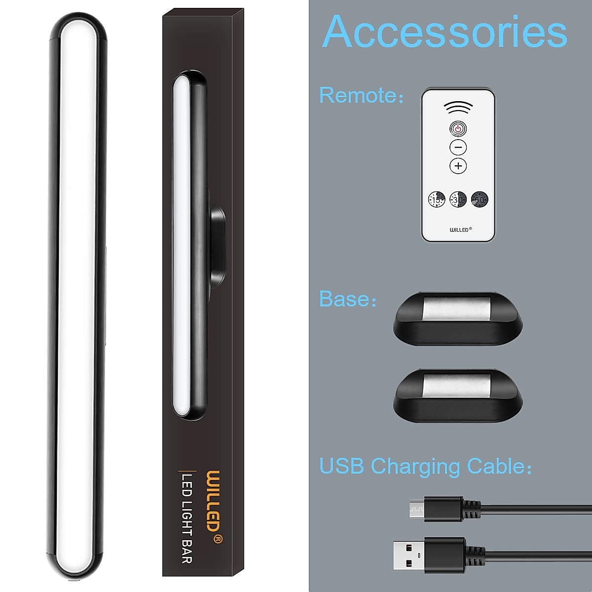 WILLED Dimmable Touch Remote Control Light Bar, 5W Built-in 2000mAh Battery and Stick Magnet Mount, for Reading, Closet, Cabinet, Makeup Mirror, Bedside, Study Light