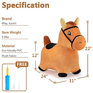iPlay, iLearn Bouncy Pals Brown Hopping Horse, Toddler Plush Animal Hopper Toy, Kids Inflatable Ride on Bouncer W/Pump, Indoor Outdoor Jumper, Birthday Stocking Gift 18 24 Months 2 3 Year Old Boy Girl