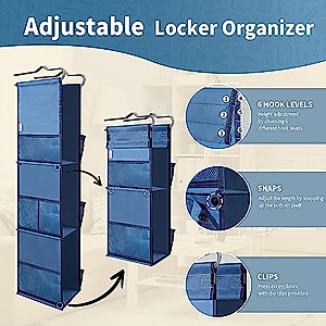Annecy Locker Organizer for School, Work, Gym, and Closet, 3 Shelf Hanging Locker Accessories for Girls Boys, Adjustable School Locker Shelf from 3 to 2 Shelves, Navy Blue