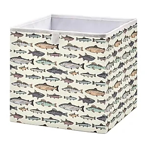 Emelivor Vintage Fishes Cube Storage Bin Fabric Storage Cubes Large Storage Baskets for Shelves Collapsible Cube Organizer Bins for Shelves Nursery Closer Bedroom Home,11 x 11inch