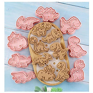 8 Pieces Dinosaur Cookie Cutters Set, Cute Cartoon Cookie Cutters for Kids, Plastic Stamped Embossed Dino Biscuit Molds Set, Kitchen BakingTools for Baby Shower, Birthday, Halloween, Christmas, Pink