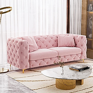 DAMAIFROM 75 Inch Sofa Couch Set of 2, Modern Upholstered Couch Tufted Velvet Sofa High Arm and Metal Gold Legs Decor with 2 Piilows Big Comfy Couch for Living Room, Pink