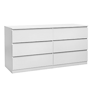 Karl home 6 Drawer Dresser, White Dresser Double Dresser Chest of Drawers, Wood Dressers for Bedroom with Cut-Out Handles, Long Bedroom Dresser with Deep Drawers, Living Room, Office, 55 Inch