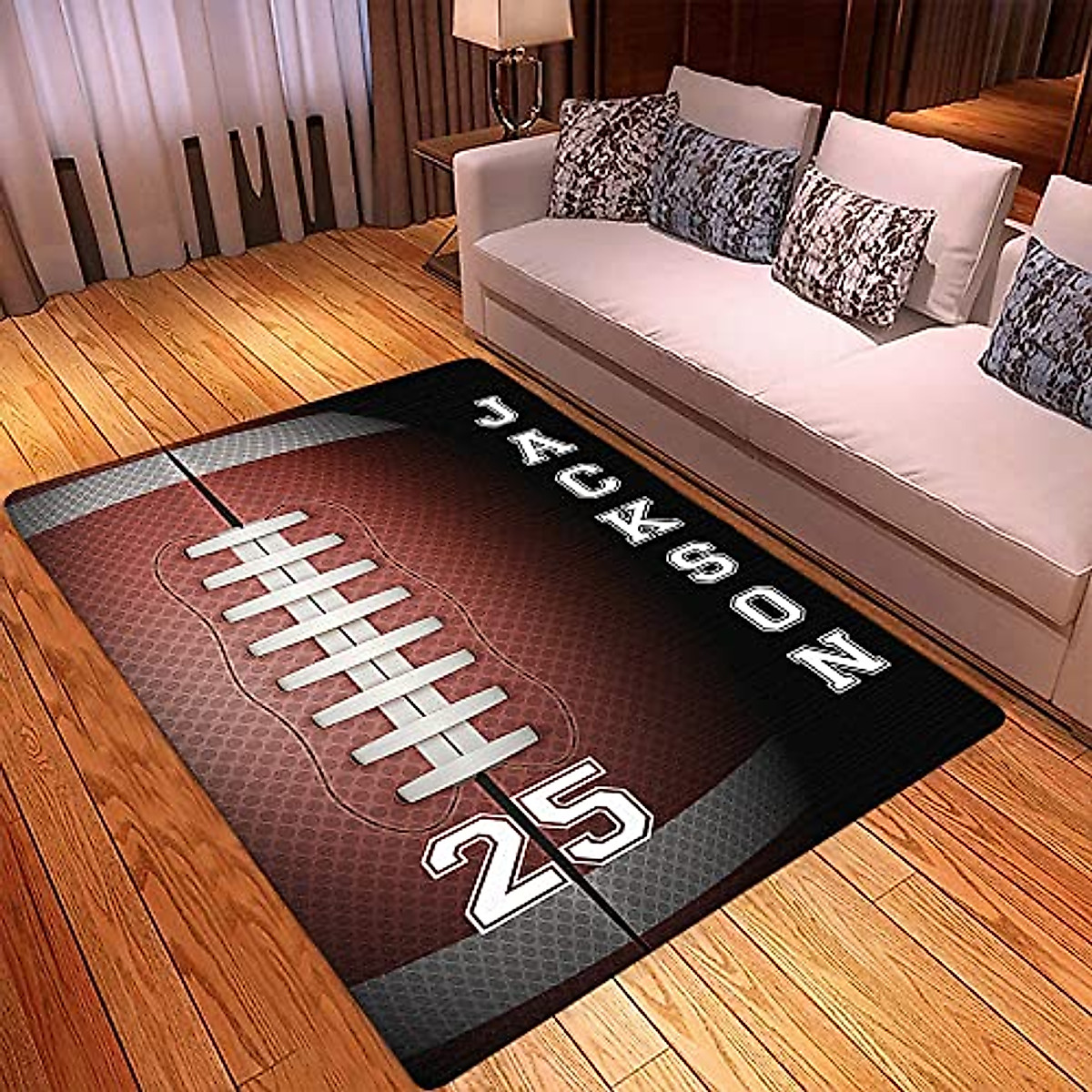 Personalized Football Art Rug with Name Number, Football Area Rug 2x3 3x5 4x6 5x8, Sports Ball Doormat for Living Room Bedroom Anti-Skid American Football Playing Rug Carpet Floor Mat Kitchen Rugs