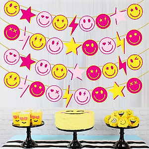 Preppy Party Banners 4Pcs Preppy Smile Face Party Decorations Hot Pink Yellow Smile Face Lightning Star Themed Party Banners for Back to School Party Bachelorette Birthday Party Supplies