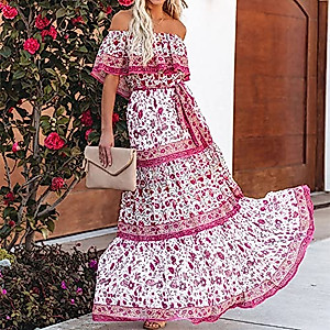 Beach Wedding Guest Dresses for Women Bohemian Maxi Long Dresses Trendy 2023 Elegant Off Shoulder Dress Summer Floral Print Flowy Ruffle Sundress Girls