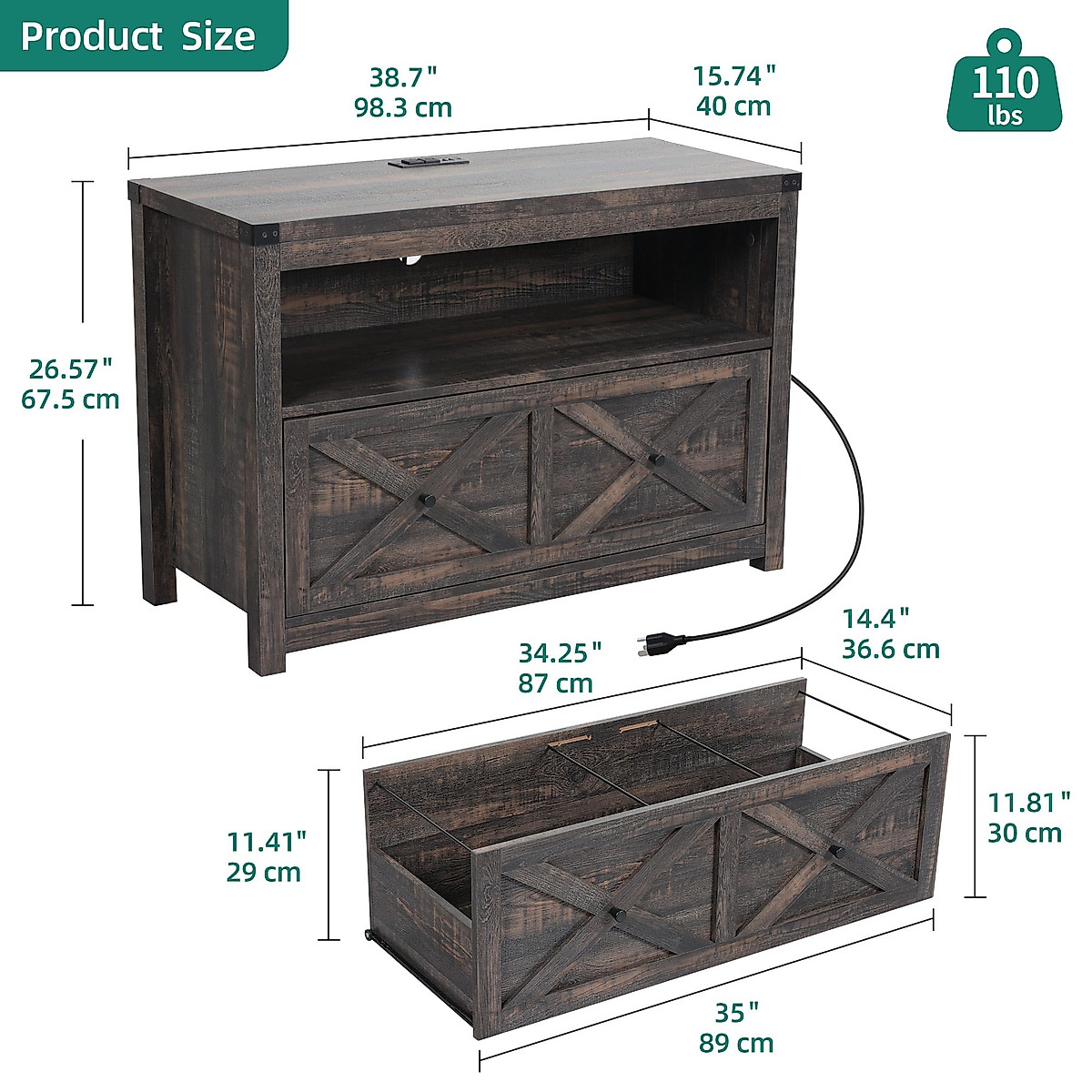 YITAHOME Wood File Cabinet with Charging Station, Drawer Filing Cabinet Cart, Farmhouse Nightstand Printer Stand for Home Office, Bedroom, Living Room, Entryway, Dark Rustic Oak