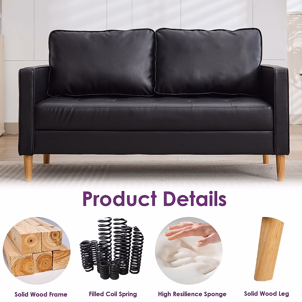 TYBOATLE 57" Sofa Couch, Black Faux Leather Modern Loveseat for Living Room, Tufted Mini Sofa, Comfy Office 2 Seat Love Seats, Small Couches for Small Space