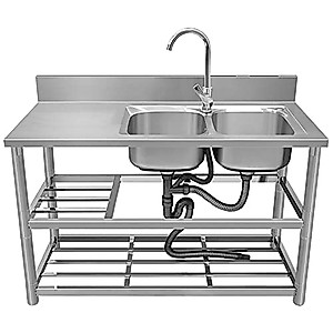 Outdoor Utility Sink,Stainless Steel Kitchen Sink,Free Standing Sink Commercial,w/Workbench & Double Storage Shelves Indoor Outdoor,for Laundry Garage Indoor Outdoor. (Color : B-Right Slot, Size :